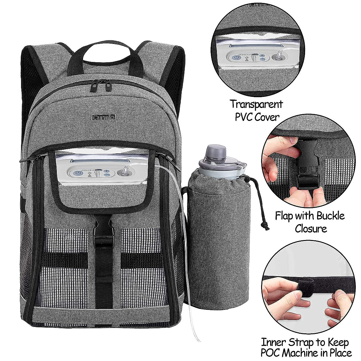 CURMIO Portable Oxygen Concentrator Backpack, POC Carrying Bag Compatible with Inogen, OxyGo and Caire Units, Bag Only, Gray (Patented Design)