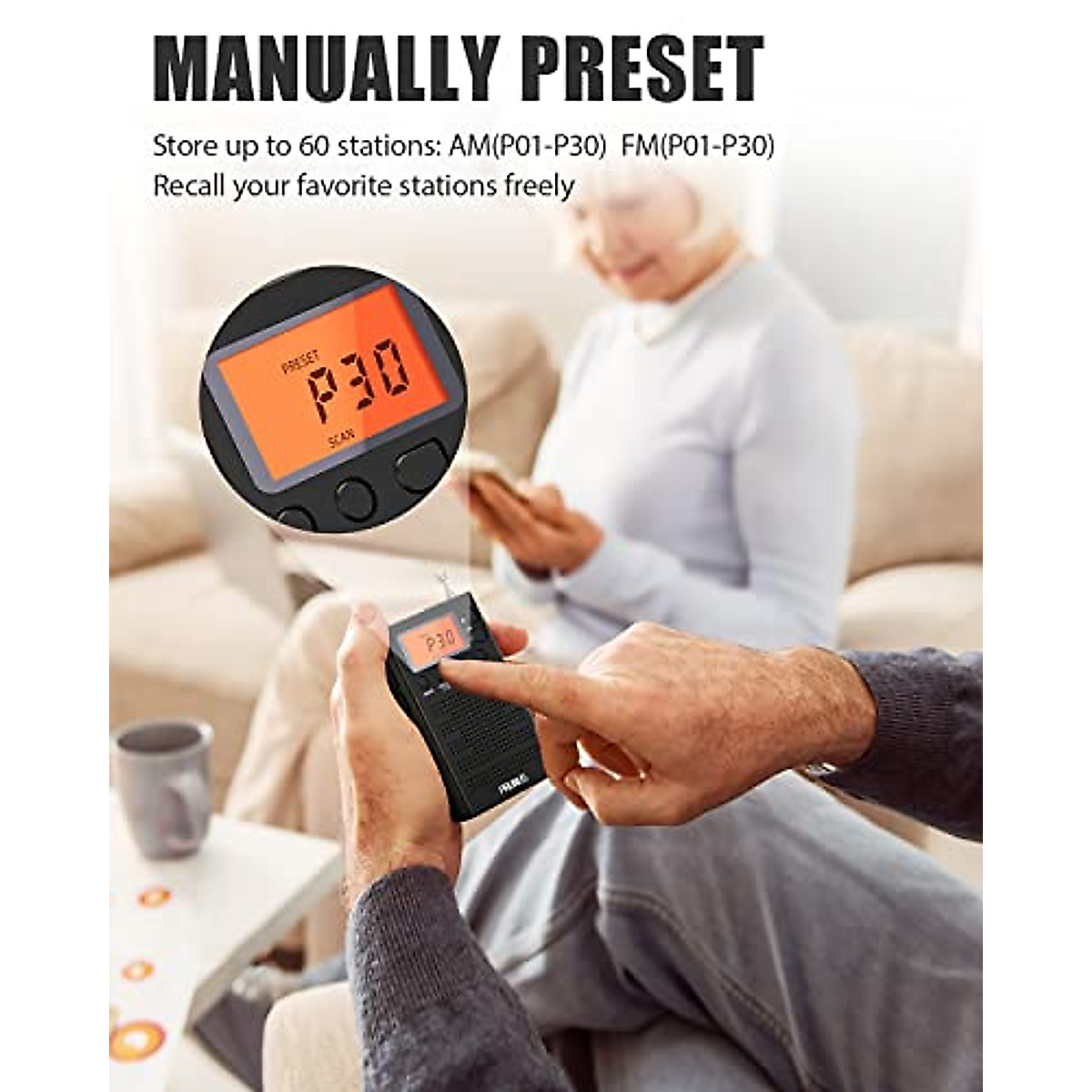 【July Newest】 PRUNUS Pocket Radio AM FM with Earphones, Digital Radio Battery Operated, Walkman Portable Radio with Preset, Timer, Alarm Clock, Lock Button and Lanyard for Walk/Sports Match/Traveling