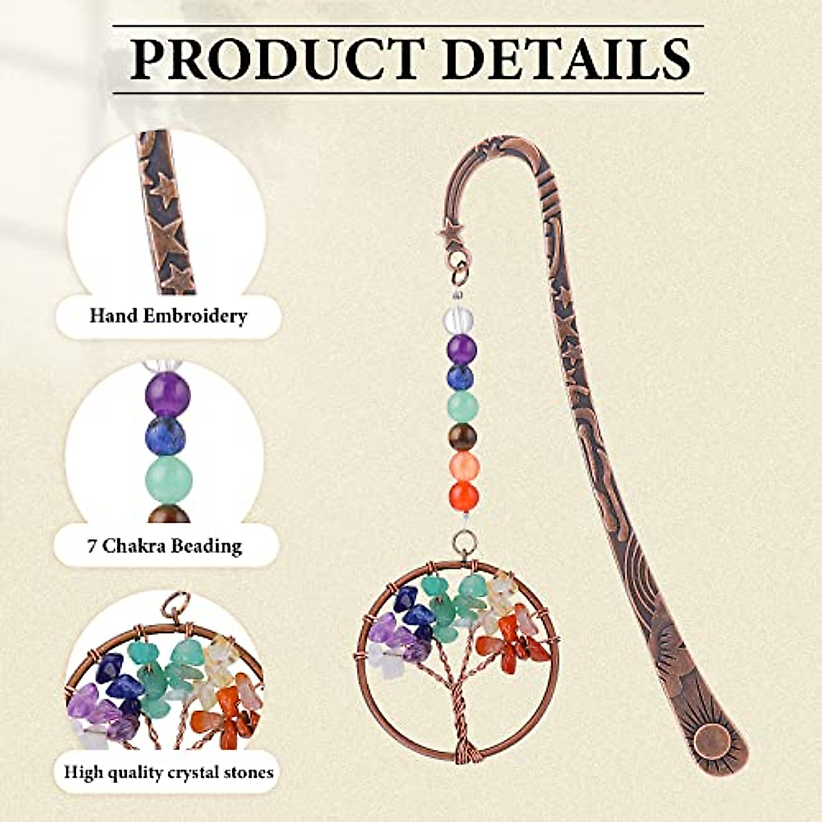 Metal Bookmarks For Women Crystal Bookmark 7 Chakra Vintage Bookmarks Tree Of Life Bookmarks For Book Lovers Book Markers Healing Stone Beading Bookmarks Tumbled Gemstones Student Office Present(1PCS)