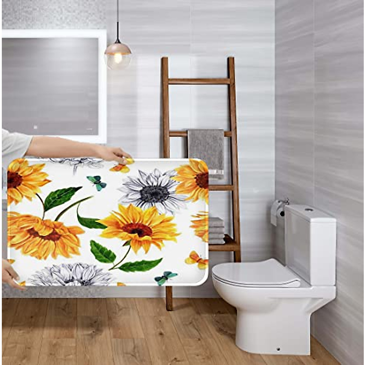 Sunflower Shower Curtain Sets with Non-Slip Rugs,Toilet Lid Cover Carpet and Bath Mat,Flowers Shower Curtains with 12 Hooks,Durable Waterproof for Bathroom Decor