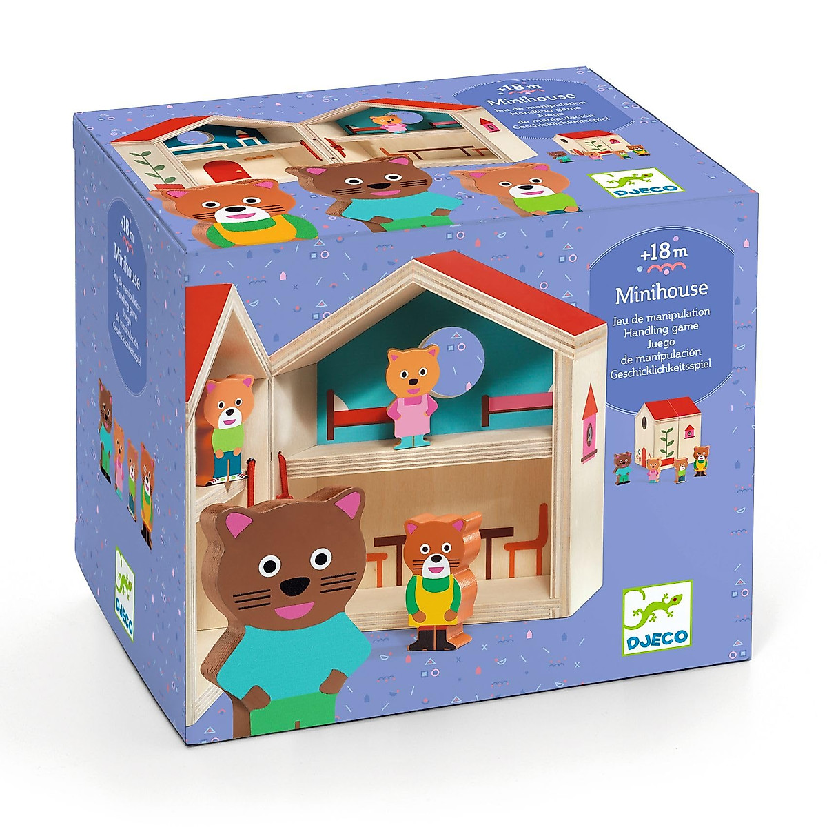 DJECO Minihouse Wooden Toy - Educational Playhouse with Family of Cats - Interactive Toddler and Baby Toys for Boys & Girls, 18+ Months