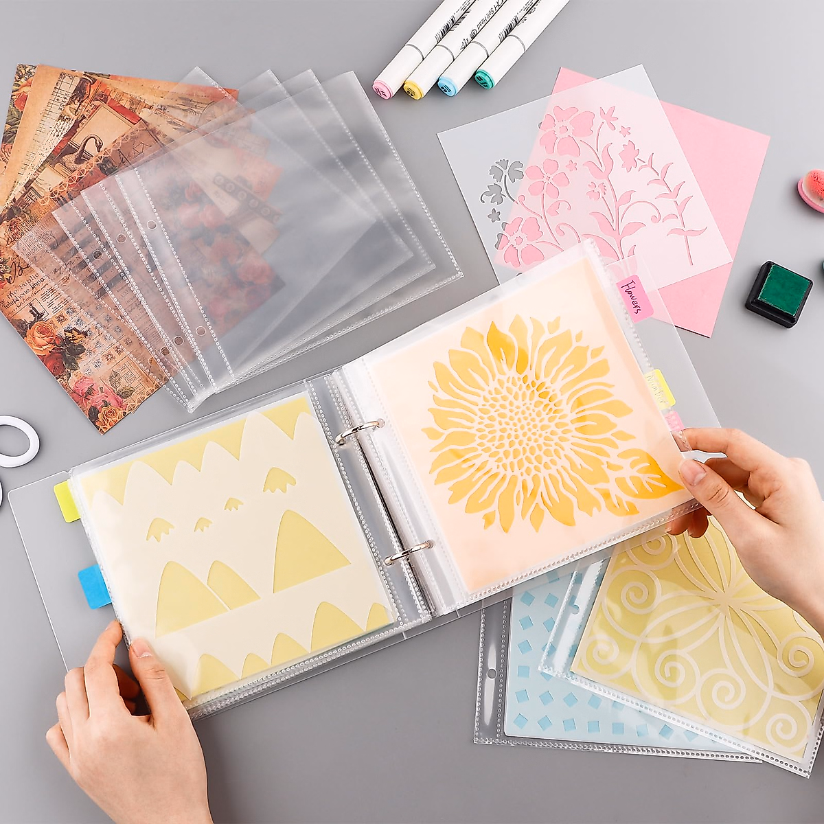 50 Pags 6" X6" Clear Plastic Binder Pockets,2 Holes 2 Pockets Per Page, can Fit More Stencils,Made Exclusively for Stencils,Die Cuts,Photos,Stamps Within Size 6x6" Storage Bills Organizer