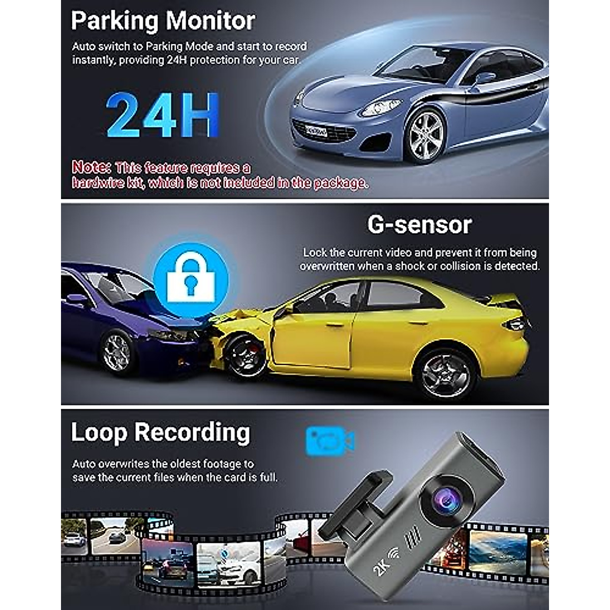 Dash Cam 2K WiFi Car Camera 1440P Dash Camera for Cars,Front Dashcam for Cars with Super Night Vision, WDR, Loop Recording, G-Sensor, 170°Wide Angle, Parking Monitor, WiFi &APP, Support 128GB Max