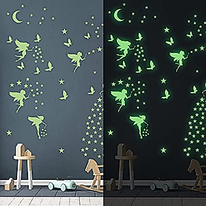 Glow in The Dark Fairy Wall Decals, Luminous Fairies Wall Stickers Bedroom Ceiling Decoration, Butterfly and Star Room Decor for Girls Kids Princess