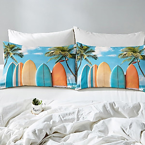 Erosebridal Ocean Beach Bed Sheets for Boys Girls,Hawaiian Tropical Palm Trees Sheet Set Full,Marine Theme Nautical Sea Surfing Fitted Sheet,Summer Vacation Surfboard Sheets Boho Hippie Style Decor