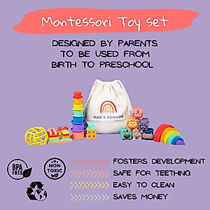 Mac & Friends 5-in-1 Montessori Toy Set Designed by Parents | Great Gift for Baby Shower, New Sibling or Birthday Party | Educational Soft Sensory Toys for 0 Months to 3+ Years