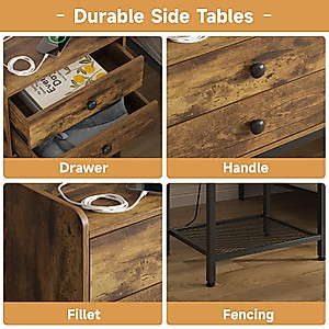 HOSEOKA Nightstand with Charge Station and USB Ports, Modern Bedside Table with 2 Drawers & Storage Shelves, Wooden Accent Night Stand with Metal Frame, Vintage End Table for Bedroom, Brown