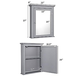 Tangkula Bathroom Cabinet with Mirror, Mirrored Wall-Mounted Storage Medicine Cabinet with Single Door & Adjustable Shelf in 5 Positions, Multipurpose Wall Cabinet for Bathroom Vestibule (Gray)