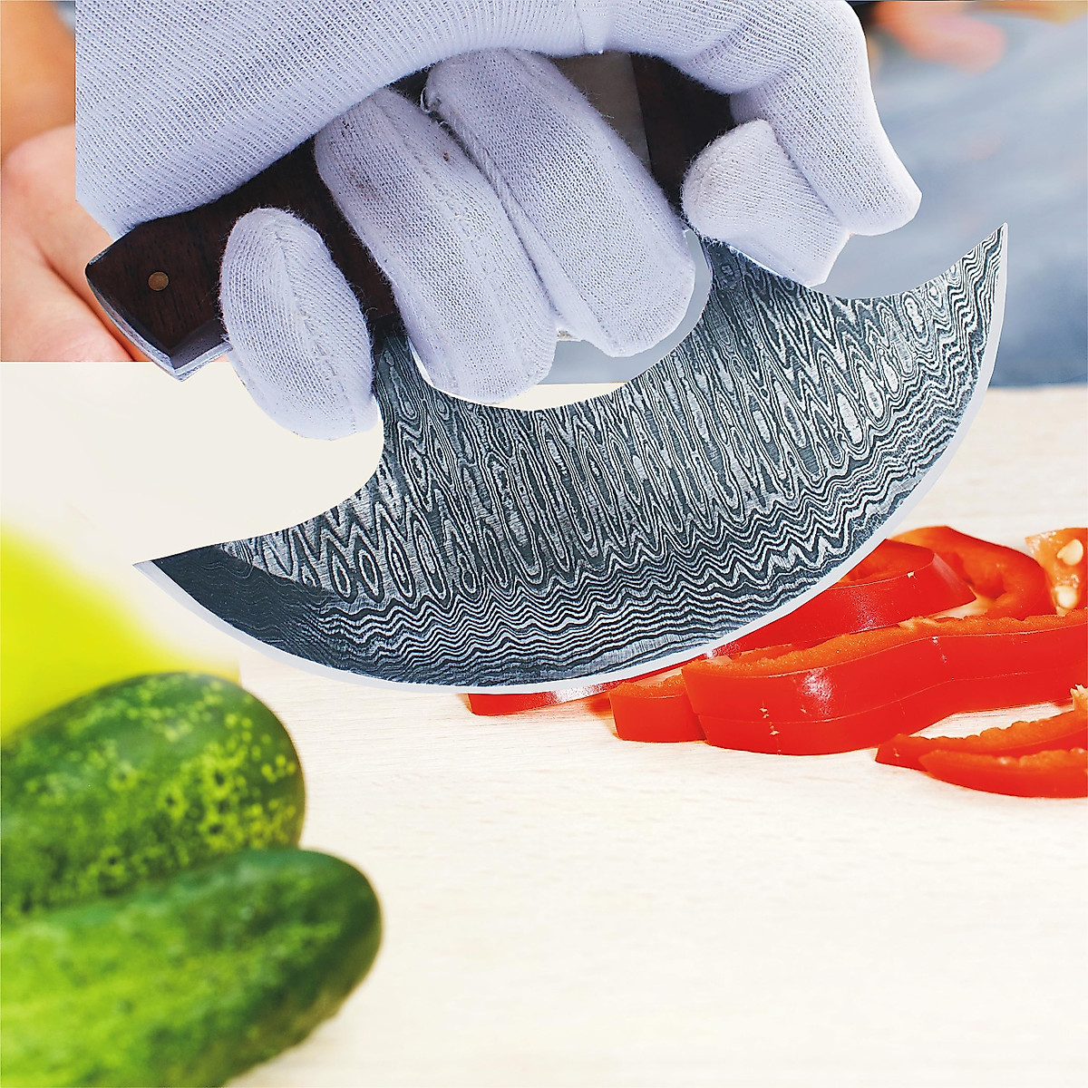 HUNTLUX Damascus Steel Alaskan Ulu Knife With Sheath, 6" Perfect Pizza Cutter Rocker Knife, Mezzaluna Chopper Knife for Kitchen, Authentic Inuit Eskimo Design, Non-Slip Handle