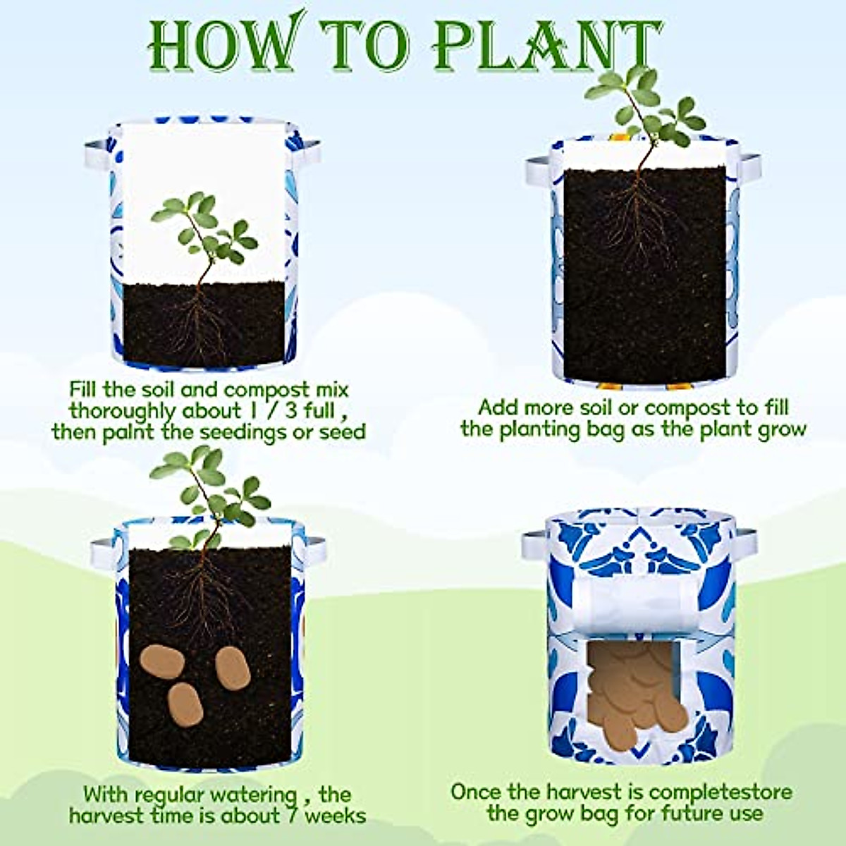 4 Pcs Boho Potato Grow Bags with Flap 5 Gallon Garden Planting Bag with Handles and Harvest Window Boho Garden Pots Thickened Tomato Planter for Potato Tomato Vegetable and Fruits