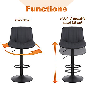 Youhauchair Bar Stools Set of 2, Swivel Counter Height Barstools with Back, Adjustable PU Leather Bar Chairs, Modern Armless Kitchen Island Stool, Black