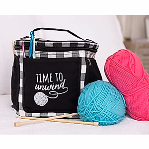 Steel Mill & Co Yarn Tote, Stylish Knitting Bag, Large Capacity Organizer for Knitting & Crochet Supplies, Craft Tote with Yarn Divider and Pockets for Hooks & Needles, Black Gingham