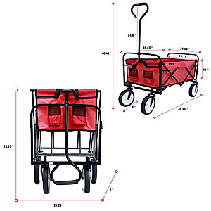 Collapsible Folding Wagon, Heavy Duty Utility Beach Wagon Cart with Side Pocket, Large Capacity Foldable Grocery Wagon for Garden Sports Outdoor Use (Red)