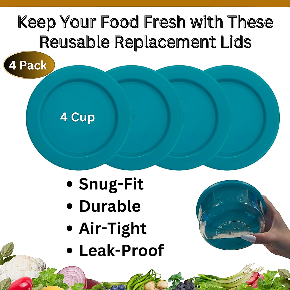 Klare Ware 4 Cup Replacement Lids/Covers for Pyrex 7201, Anchor Hocking & Klare Ware Storage Bowls (Glass Container Not Included) Microwave, Freezer & Top Rack Dishwasher Safe (4 Pack, Turquoise)