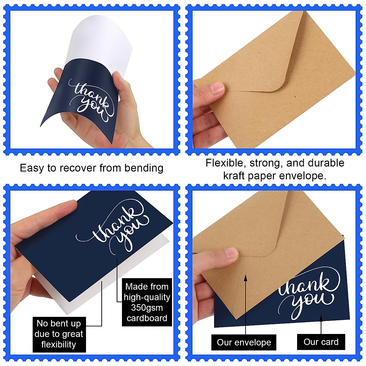 Joyberg 34 PCS Thank You Cards With Envelopes, Blank Navy Baby Shower Thank You Cards, Brown Paper Envelopes and Stickers Thank You Notes, Wedding Thank You Cards With Envelopes
