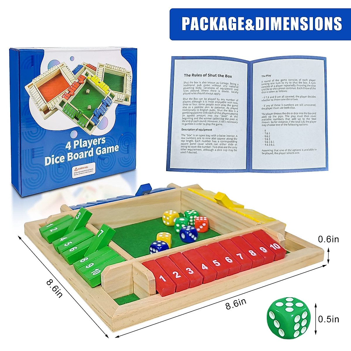 Eupboron Shut The Box Game, Wooden Board Dice Games for Adults and Kids 2-4 Player Family Classics Tabletop Version Games for Classroom, Party, or Pub