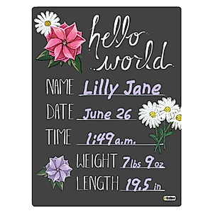 Cohas Hello World Newborn Baby Announcement Chalkboard Sign with Mixed Flower Theme, 9 by 12 Inches, Lilac Marker