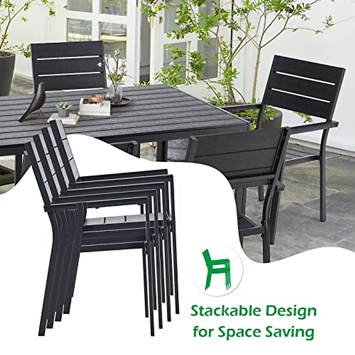 AECOJOY 7 Piece Outdoor Dining Set, Aluminum Patio Table and Chairs Set for 6 with Rectangular Table and Stackable Chairs for Garden, Backyard, Black