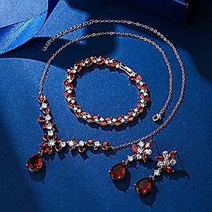 EleQueen Women's Wedding Bridal Jewelry Set for Brides Bridesmaids, Sparkle Cubic Zirconia Teardrop Necklace Dangle Earrings Bracelet Sets for Party Prom Ruby Color