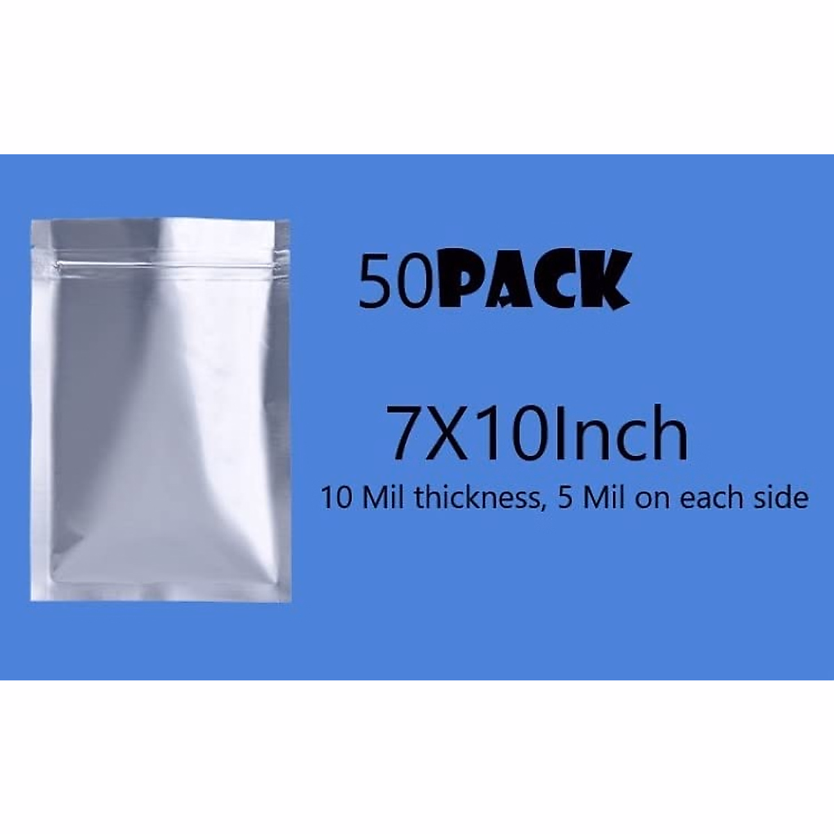 50 Mylar Bags for Food Storage, Mylar Bags 1 Quart 7"x10"- Thick 10 Mil, Stand-Up Vacuum Sealing Sealable and Ziplock Resealable Bags - Odor Free Heat Resistant, Airtight Food Storage Foil Bags