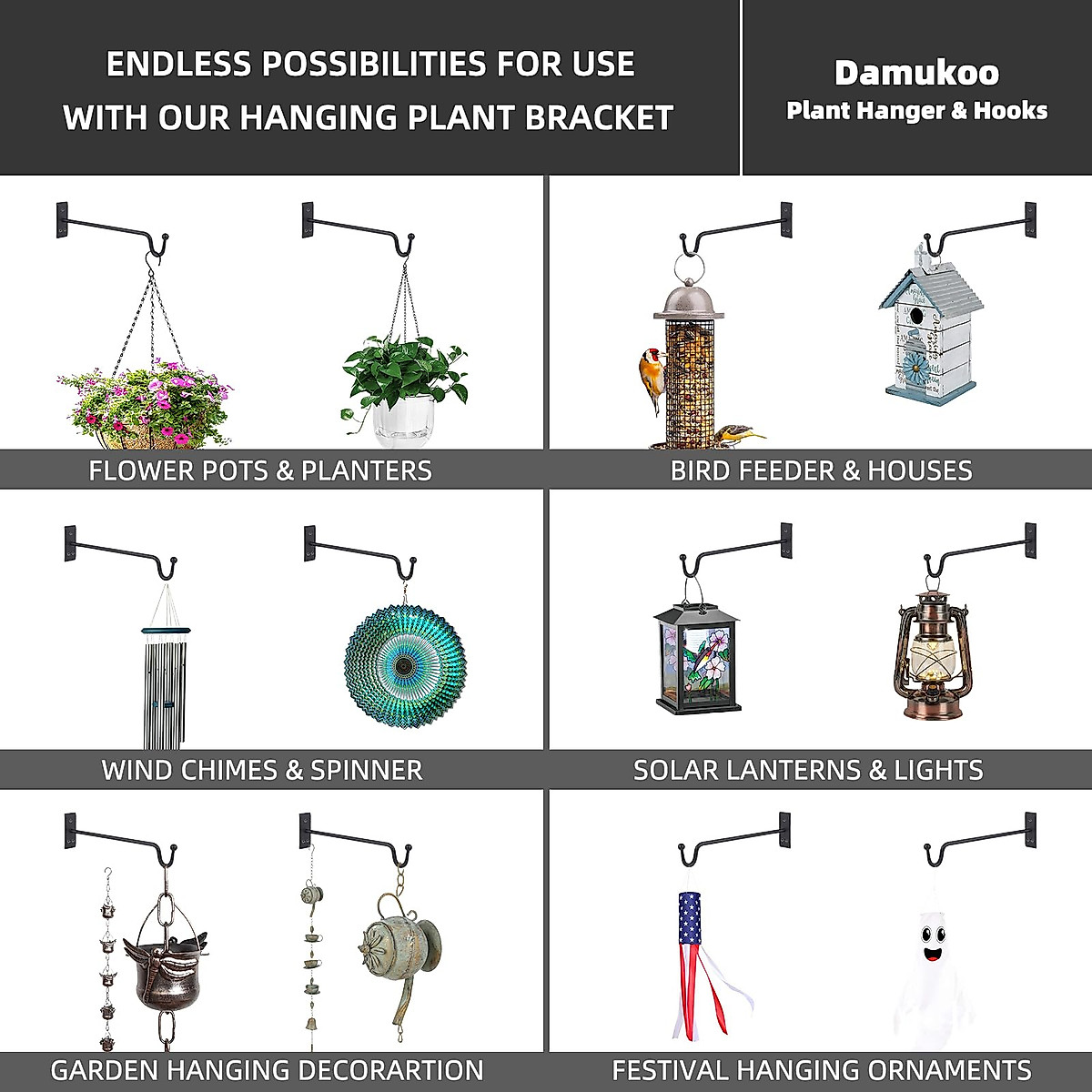 Hanging Plant Bracket (2 Pack-12 inches), Heavy Duty Metal Plant Hangers Outdoor or Indoor- Wall Plant Hooks for Hanging Planter,Bird Feeders, Wind Chimes, Flower Pot,Basket,Lanterns-Matte Black