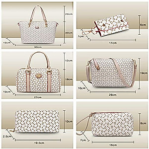 Women Handbag Set 6 Pcs PU Leather Tote Purse Set Multi-purpose Classic Shoulder Bag (Off White)