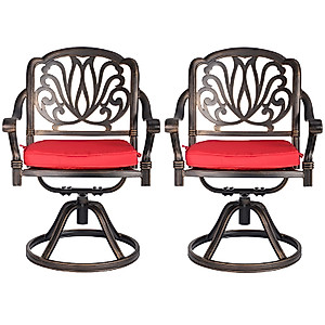 MAGIC UNION 2 Pieces Patio Dining Chairs, Outdoor Cast Aluminum Swivel Chairs with Armrest, Patio Bistro Rocking Chair Set of 2 for Garden, Backyard, Deck (2pc E- Swivel Chair) (red)