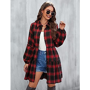 Blooming Jelly Womens Plaid Dresses Fall Long Sleeve Dress Trendy Ladies Dress Mini Babydoll Dresses with Tie Waist (Large,Red)