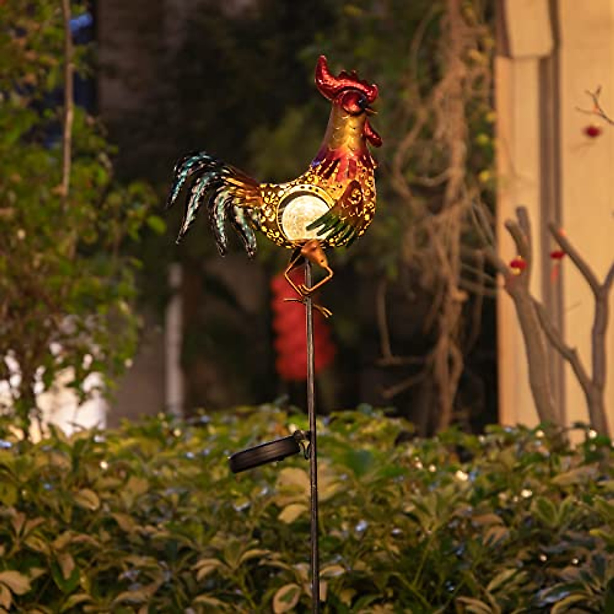 Tryme Solar Lights Outdoor Decorative Rooster Garden Decor Chicken Crackle Glass Globe Stake Lights Waterproof Warm White LED Yard Decor for Pathway Lawn Patio Courtyard Backyard