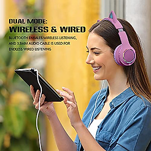 Wireless Bluetooth Headphones for Kids, LED Light Up Over Cat Ear Headphones, Volume Control Comfort Foldable Wireless Headset with Microphone for PC/TV/iPad, Gift for Kids Boys & Girls（Pink&Purple）