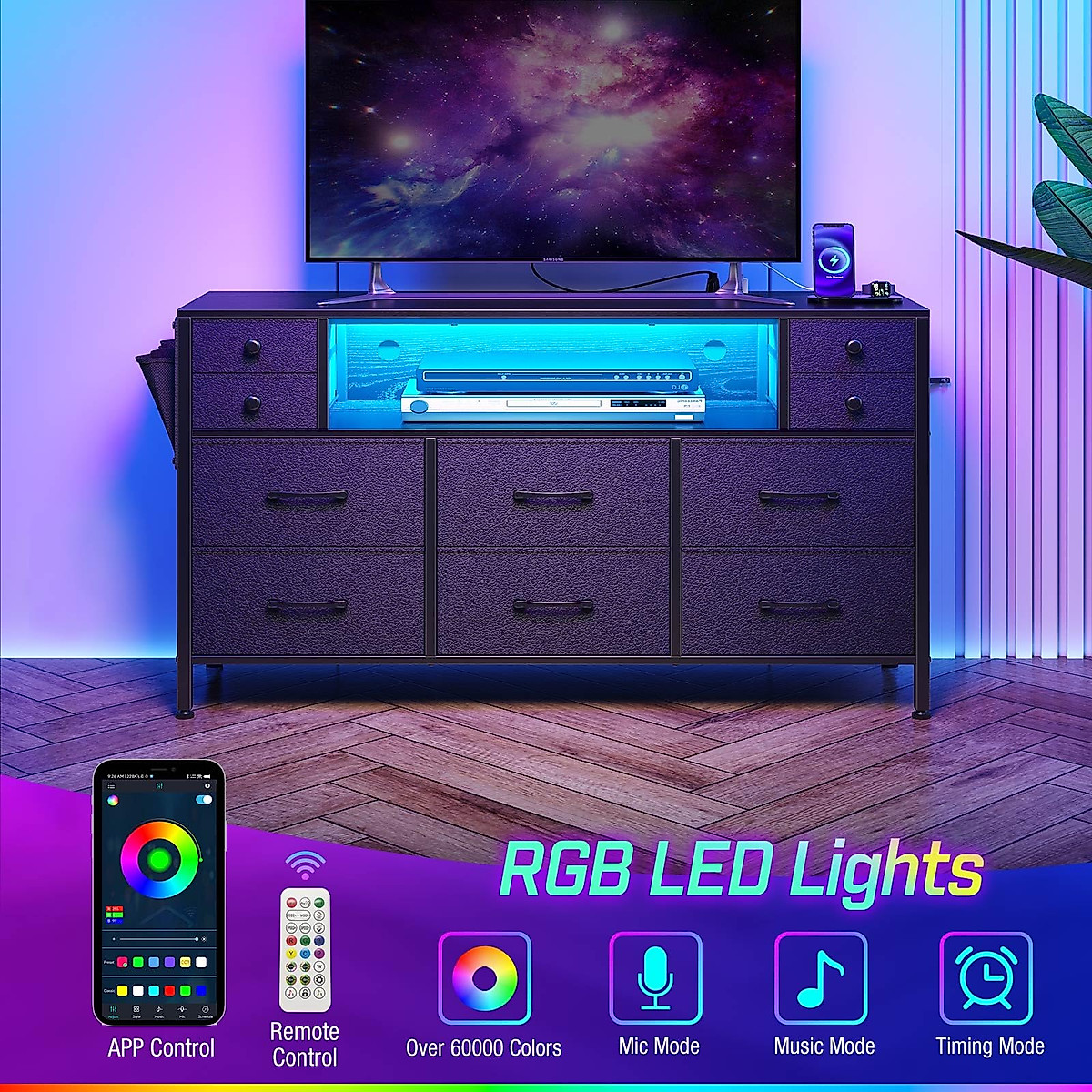 Rolanstar Dresser for Bedroom with LED Lights and Power Outlets, 55" TV Stand with 10 Drawers, Fabric Chest of Drawers with Side Pocket, PU Finish, Sturdy Frame & Wood Top, Black