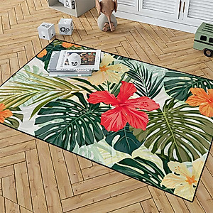 Gesmatic Play Area Rug, Small Area Rug(2X3) Summer Colorful Hawaiian Pattern Tropical Plants Hibiscus Flowers Oriental Area Rug, Suitable for Living Room, Kitchen, Outdoor