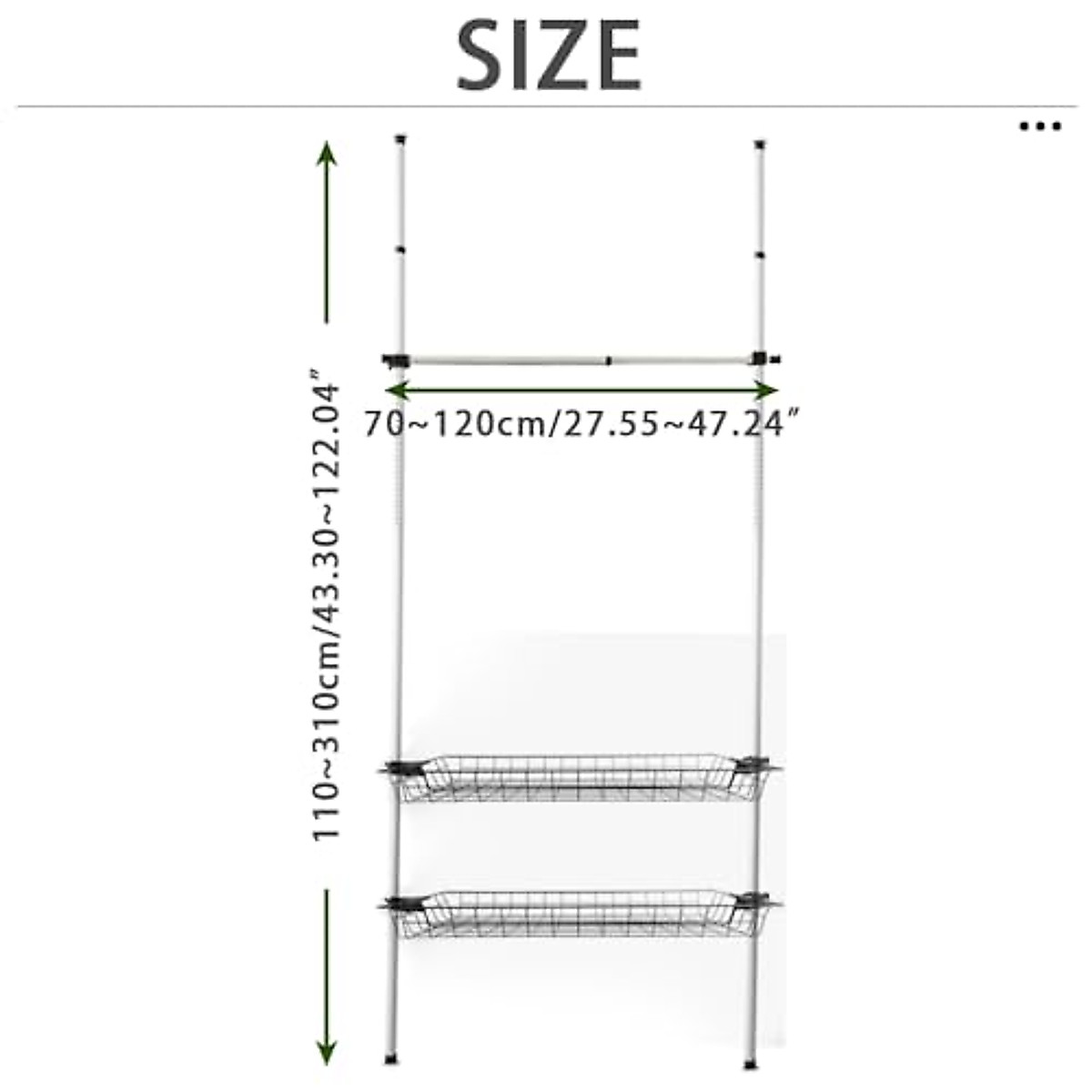 Hershii Adjustable Clothes Hanging Rail Heavy Duty Indoor Garment Rack Shelf Tidy Poles Floor to Ceiling Telescopic Closet Wardrobe Organizer Height 110-310cm, White, with Storage Basket