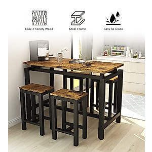MIERES Dining Table Set for 4 - 5pcs Kitchen Counter with Bar Stools, Sturdy Metal Frame Home | Pub | Living Room | Breakfast Nook Furniture-34.7"H, Vintage Brown