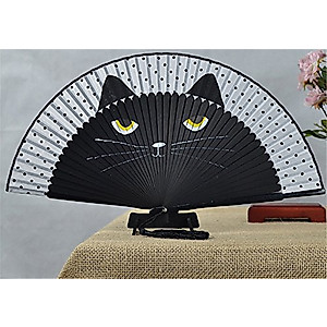 Goege Bailey Women Cartoon Cat Folding Silk Fan Jepanese Handheld Fan (Black)