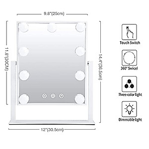Kotdning Vanity Mirror with Lights,Lighted Vanity Mirror with 9 Dimmable Bulbs for Dressing Room & Bedroom,3 Color Lighting,Modes Detachable 10x Magnification 360°Ratation(White)