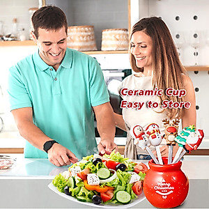 SXunacou Fruit Fork, Fun Cute Cartoon with Ceramic Storage Box Holder Stainless Steel Food Pick Forks for Home Household (A)