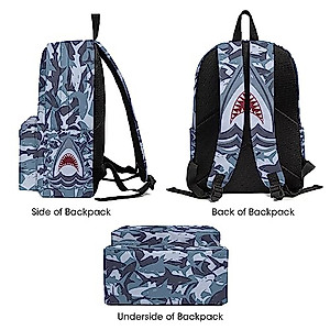 Lightweight Shark Boys School Backpack, Classic Bassic Bookbag for Middle School Students, Cute Shark Patterned Casual Daypack for College, Travel, Work with 15-Inch Laptop Compartment, 17 IN-Grey