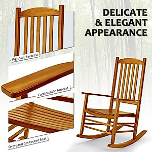 Hupmad Wooden Rocking Chair Rocker Outdoor Oversized Porch Rocker Chair,Patio Wooden Rocker with High Back and Armrest,All Weather Rocker Slatted for Backyard,Garden,400 lbs Support,Natural