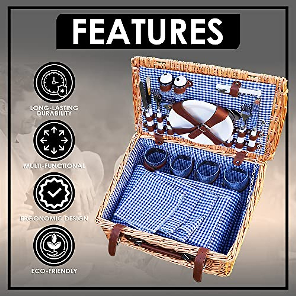 Wicker Picnic Basket Set for 4 Persons Portable Willow Hamper Large Capacity, Lightweight, Durable, and Washable Cotton Cloth Basket with Handle and Lid for Outdoor, Family, Camping (16 x 12 x 7.1in)