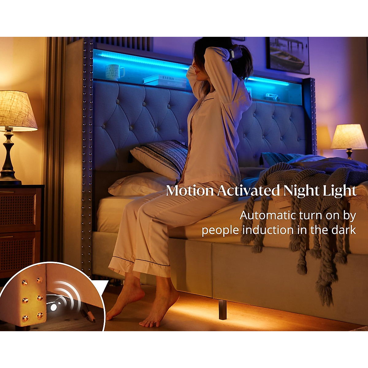 Jocisland Queen Size Bed Frame 53.6'' Tall Headboard LED Lights Charging Station, Velvet Hign Upholstered Platform Bed Wingback Storage, No Box Spring Needed, Motion Activated Light, Light Gray