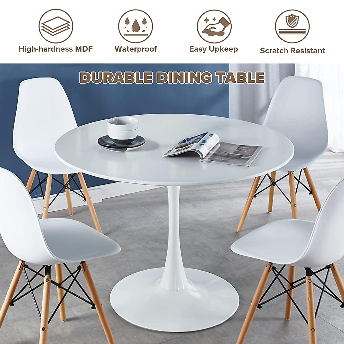 Ufurpie 5 Piece Dining Table Set, 42" Modern Round Dining Table and 4 DSW Chairs, Tulip Style Pedestal Base and Solid Wood Legs, Easy Assembled Dining Table Set for 4