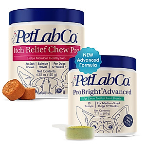 PetLab Co. – Itch & Breath Bundle: Dental Powder for Fresh Breath in just 1 Scoop. for Medium Dogs & Salmon Itch Relief Chew Pro Effortless Seasonal Allergy Support