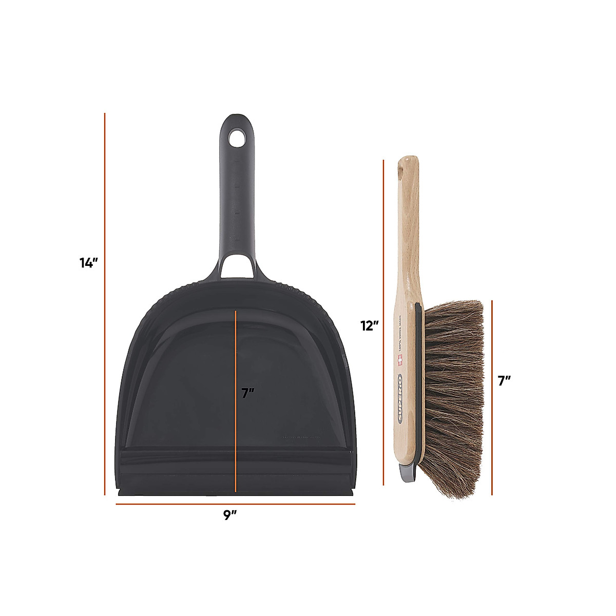 Superio Handheld Comfort Grip Dustpan and Brush Set - Hand Broom with Swiss Natural Horsehair Bristles.