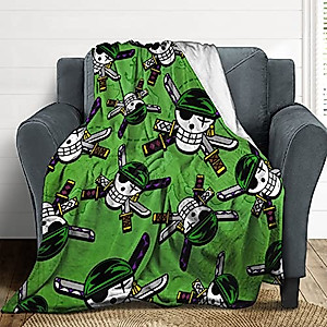 One Piece Zoro Anime Flannel Throw Blanket Pirate Flag Japanese Anime Blanket 60in x 50in Soft Fade Resistant Bedding Blanket for Sofa Couch Bed Office Green Blanket
