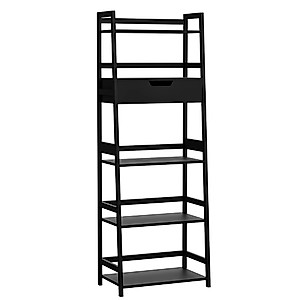 WTZ Upgraded Bookshelf with Drawers, Storage Book Shelves, 5 Tier Tall Bookcase, Modern Open Ladder Shelf for Bedroom, Living Room, Bathroom, Kids Room, Office, MC-519 (Black)