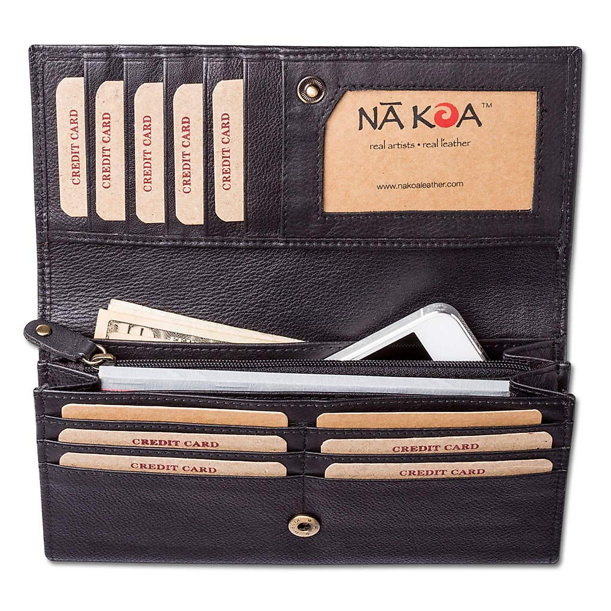 Polynesian Tattoo Leather Women’s Clutch Wallet “Ikaika” Tattoo art by Eugene Taase (Red) from NAKOA