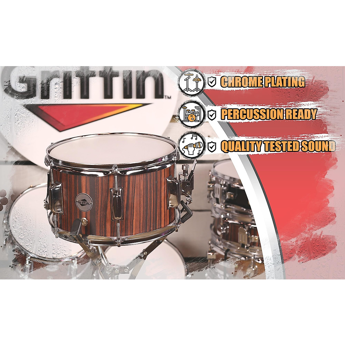 GRIFFIN Firecracker Snare Drum | Acoustic Popcorn 10" x 6" Poplar Mini Wood Shell & Black Hickory PVC | Concert Marching Percussion Musical Instrument with Deluxe Snare Throw Off, Drummers Key & Head
