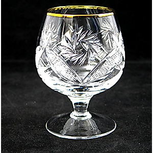 SET of 6 Russian Cut Crystal Stemmed Snifter Goblet for Cognac Scotch Whiskey, 24K Gold Rimmed 7 Oz. Glass, Vodka Liquor Old-fashioned Glassware, Hand Made