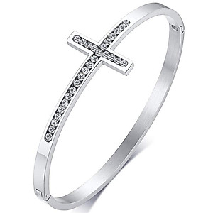 Jude Jewelers Stainless Steel Sideways Cross Christian Religious Bangle Bracelet (Silver)